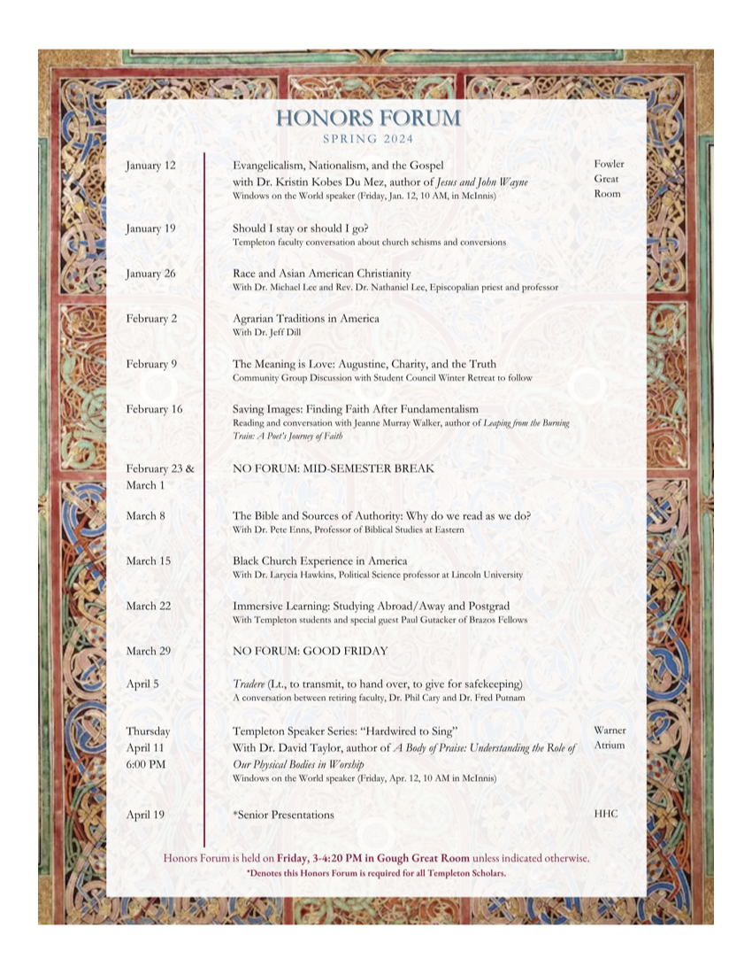 Honors Forum Spring 2024 Schedule | Templeton Honors College at Eastern University